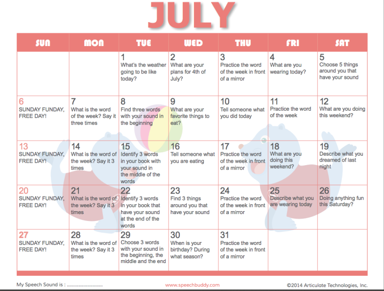Speech Therapy Activity Calendar: Speech Buddies Blog